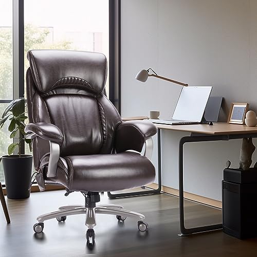 Big and Tall Office Chair 500lbs-Heavy Duty Ergonomic Computer Chair with Extra Wide Seat, High Back Executive Large Desk Chair with Thick Seat and Tilt Rock, Adjustable Lumbar Support-Brown