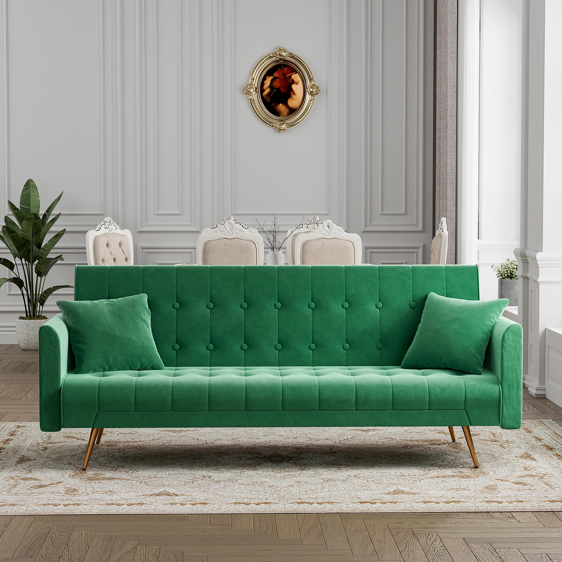 OUYESSIR Velvet Futon Sofa Bed, Convertible Futon Couch, Sturdy Sleeper Sofa in 71 inch, Small Futon Sofas (Green)