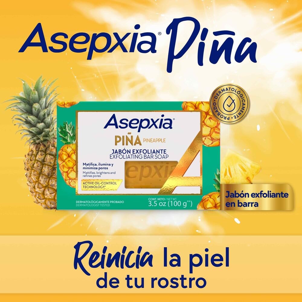 Asepxia Bar Soap, Non-Abrasive Exfoliating Facial Cleanser with Natural Pineapple Enzyme & Agave Extract, Pore Purifying & Brightening Face Wash for Oily Skin, 4 oz.