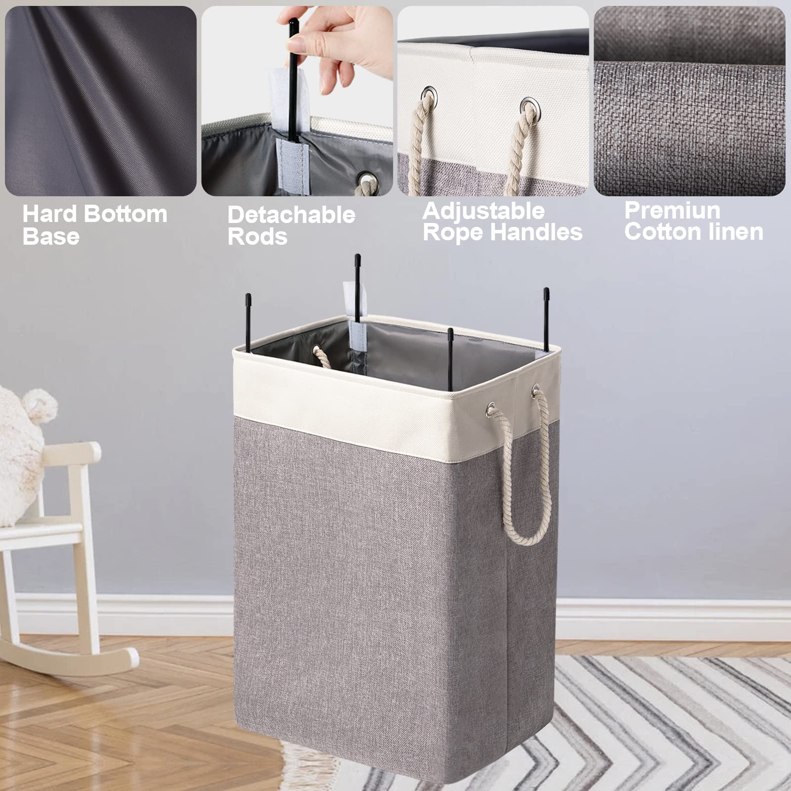 ELONG HOME Laundry Basket 2 Pack, 75L Laundry Hamper with Support Rods and Rope Handles, Freestanding Laundry Baskets, Linen Hampers for Laundry Room Bathroom Bedroom, Grey+Beige