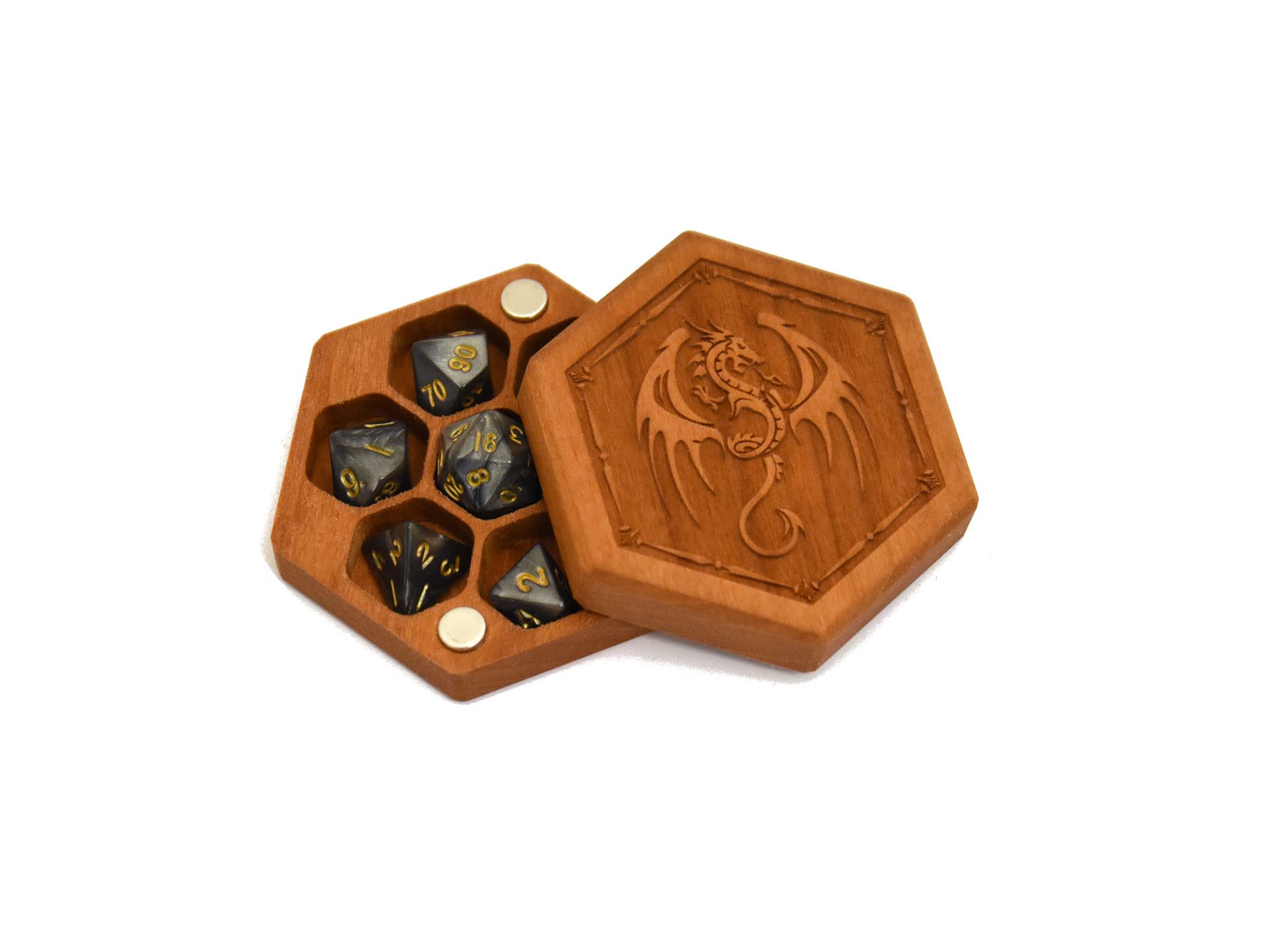 Elderwood Academy Keychain Hex Dice Wood Chest with Magnetic Lid - Perfect for DnD, Magic the Gathering Dice Counters and Any Other Tabletop Games (Mini-Cherry/Dragon)