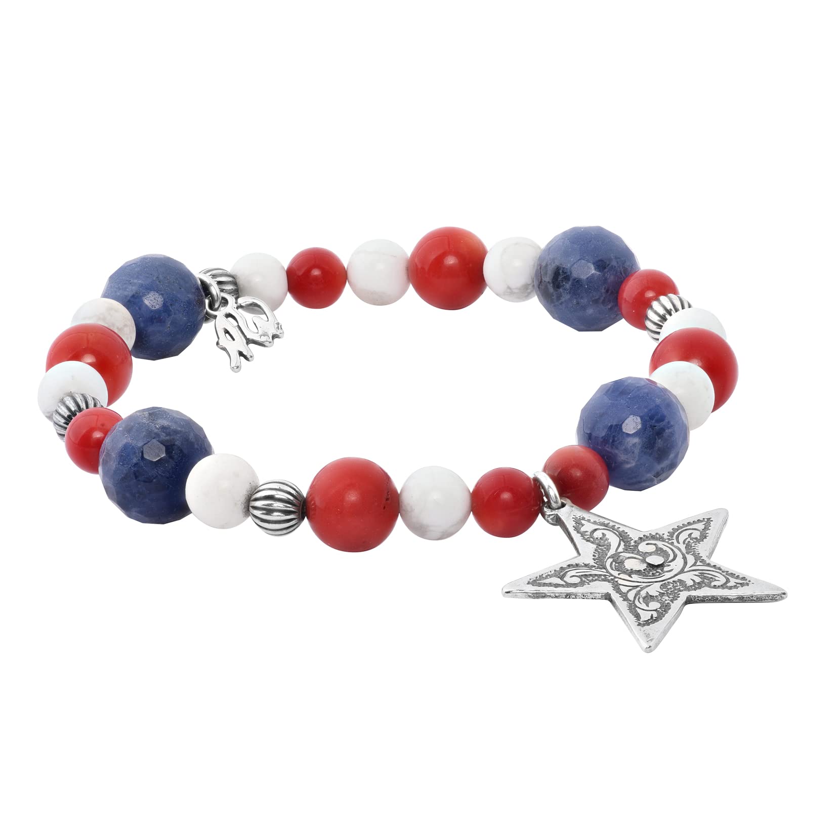 American West Sterling Silver Patriotic Beaded Stretch Bracelet with Star Charm Size Medium/Large