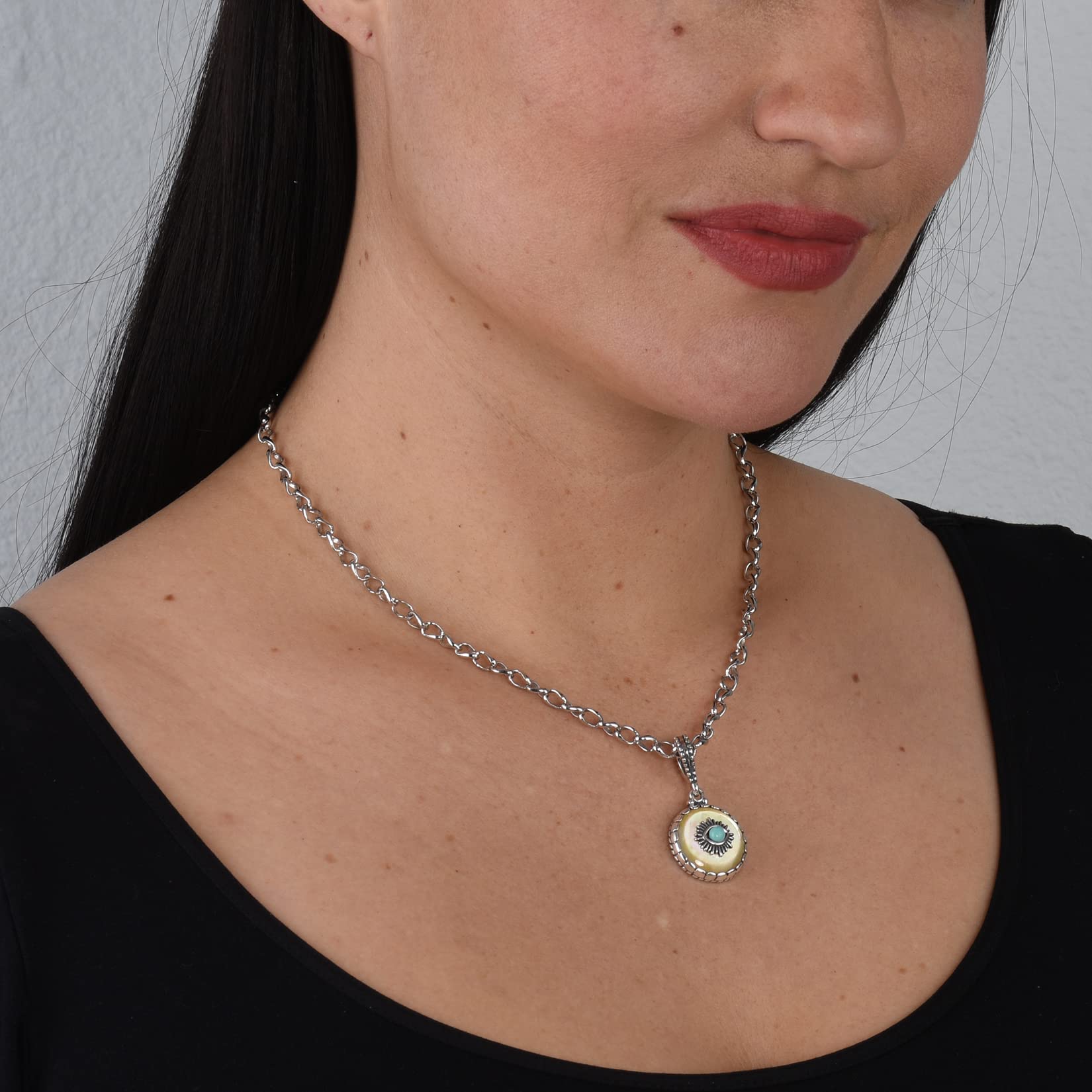American West Sterling Silver Gold Mother of Pearl & Turquoise Gemstone Evil Eye Charm Pendant