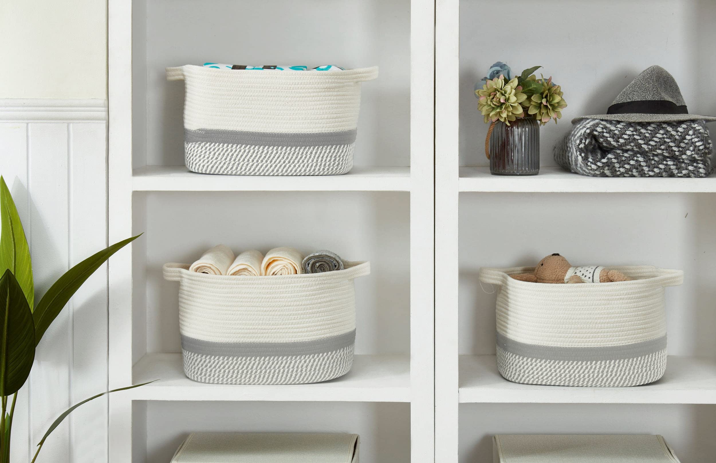 DECOMOMO Woven Baskets for Storage | Large Decorative Cotton Rope Basket for Organizing Baby Toy Book Nursery Kids Laundry Organizer 15" x 11" x 10" (Grey, Large – Set of 3)