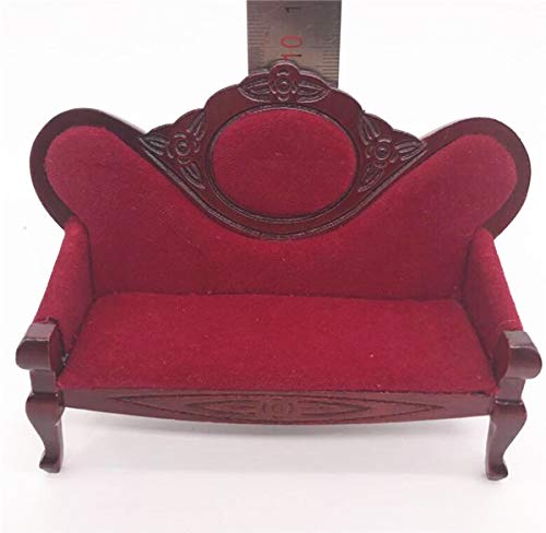 EatingBiting 1:12 Miniature Living Room Furniture Vintage Red Wooden Sofa Armchair Couch Table 3pcs Set Sofa + 2 Chairs