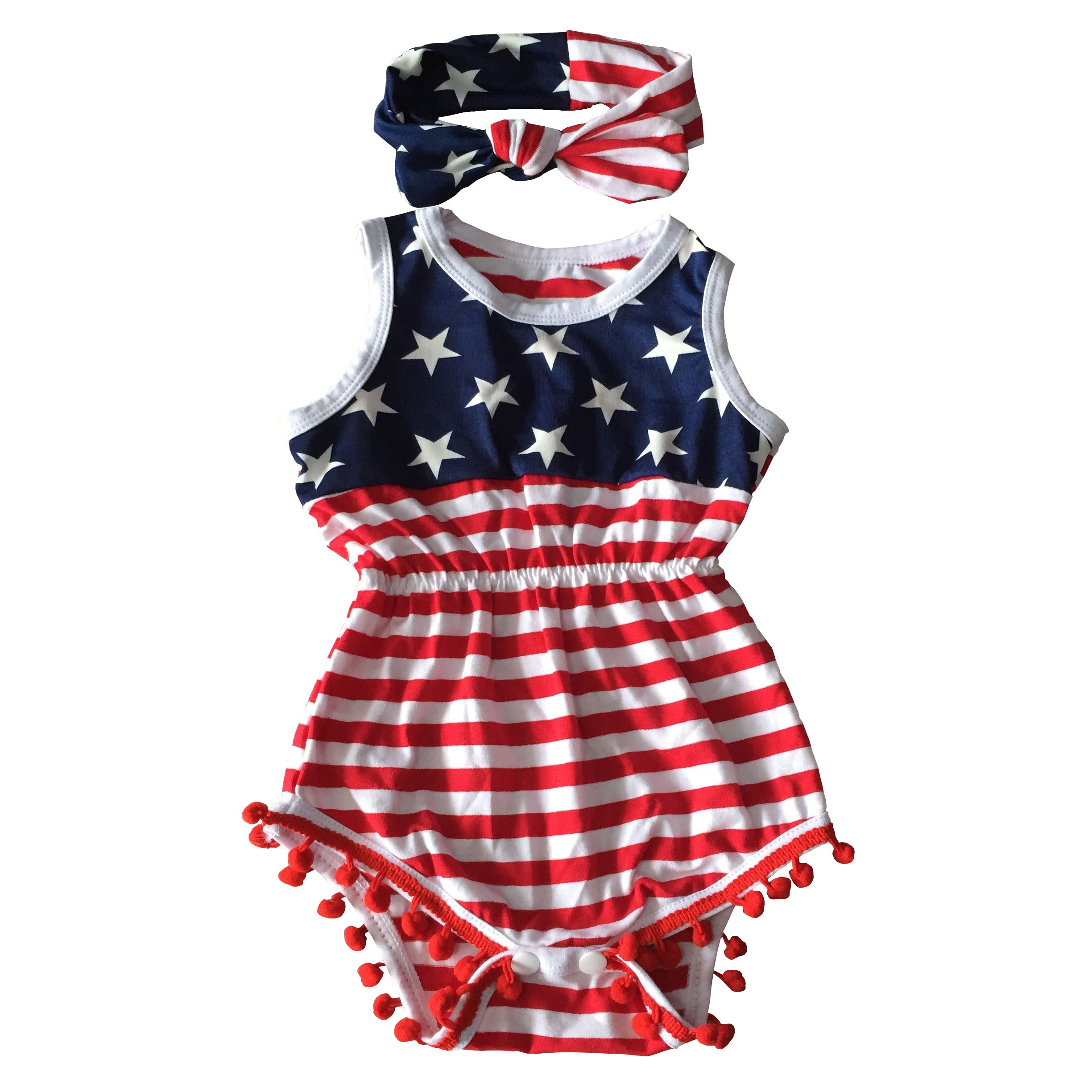Qin.Orianna 4th of July Toddler Baby Girl American Flag Tassel Romper with Headband (0-6M/Small, Red)