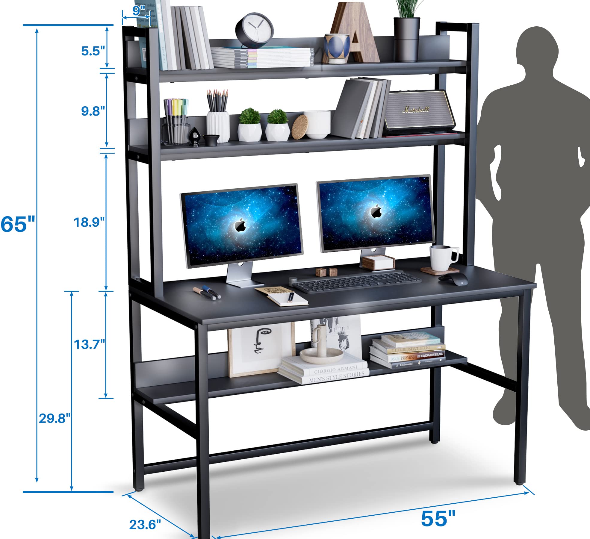 Aquzee Computer Desk with Hutch and Bookshelves, Large Leg Room 55 inch Width Black Desk with Space Saving Storage Shelves, Easy Assemble and All Hardware and Tools Included