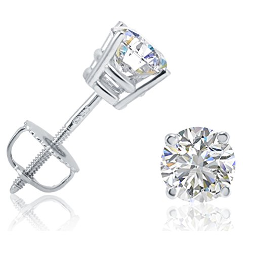 Amanda Rose Collection AGS Certified 1ct TW Round REAL Diamond Stud Earrings for Women in 14K White Gold with Screw Backs
