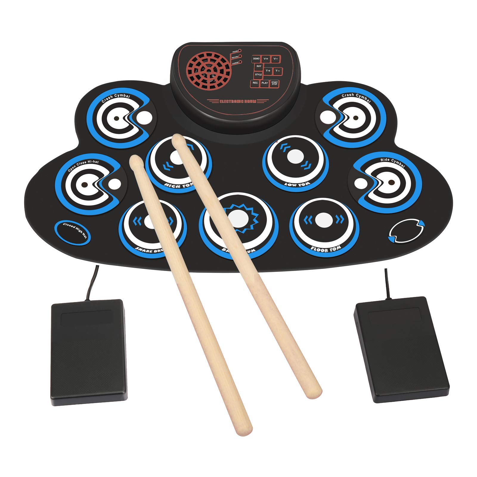 Electronic Drum Set Kids Foldable Practice Drum Pad Rechargeable Drum Kit, Built in Speakers Foot Pedals,Drum Sticks, Birthday Gift for Beginners (Blue)