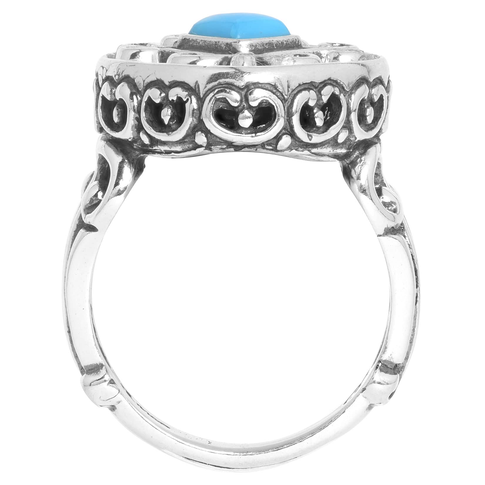 American West Sterling Silver Women's Ring Blue Turquoise & Black Agate Gemstone Elegant Swirls Design Size 6