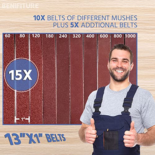 Benifiture Mini Belt Sander with 15PCS Abrasive Belts, 7-Speed Adjustable Electric Knife Apex Edge Sharpener, Micro Bench Polisher Kits, with Polishing Wheel & Wax, DIY Woodworking Metal Knife Plastic