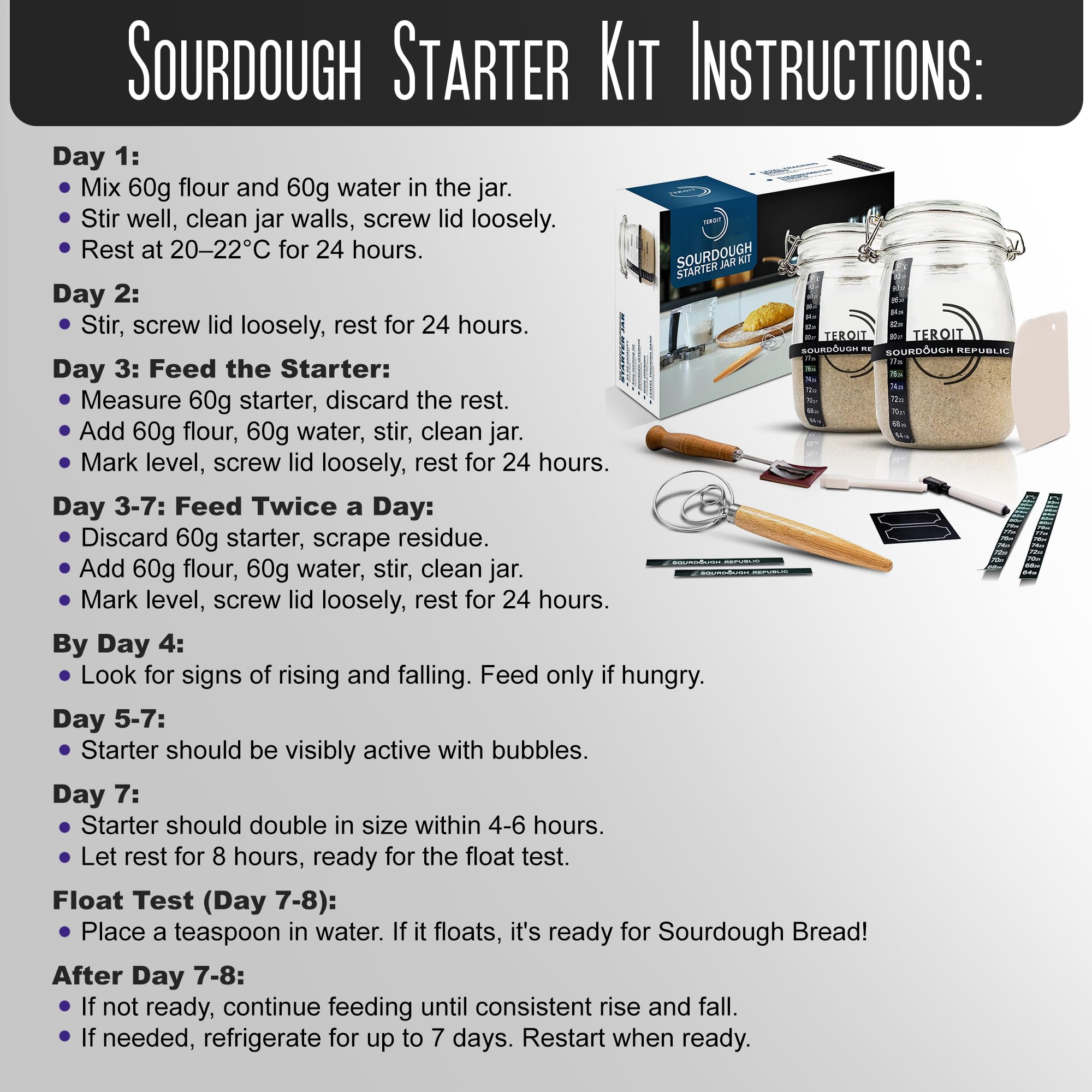 TEROIT Sourdough Starter Kit, Sourdough Bread Baking Supplies - 2PCS Sourdough Starter Jar, Bread Lame, Bread Whisk, Dough Scraper, Air Tight Lid - Delightful Gift for Home Cooks