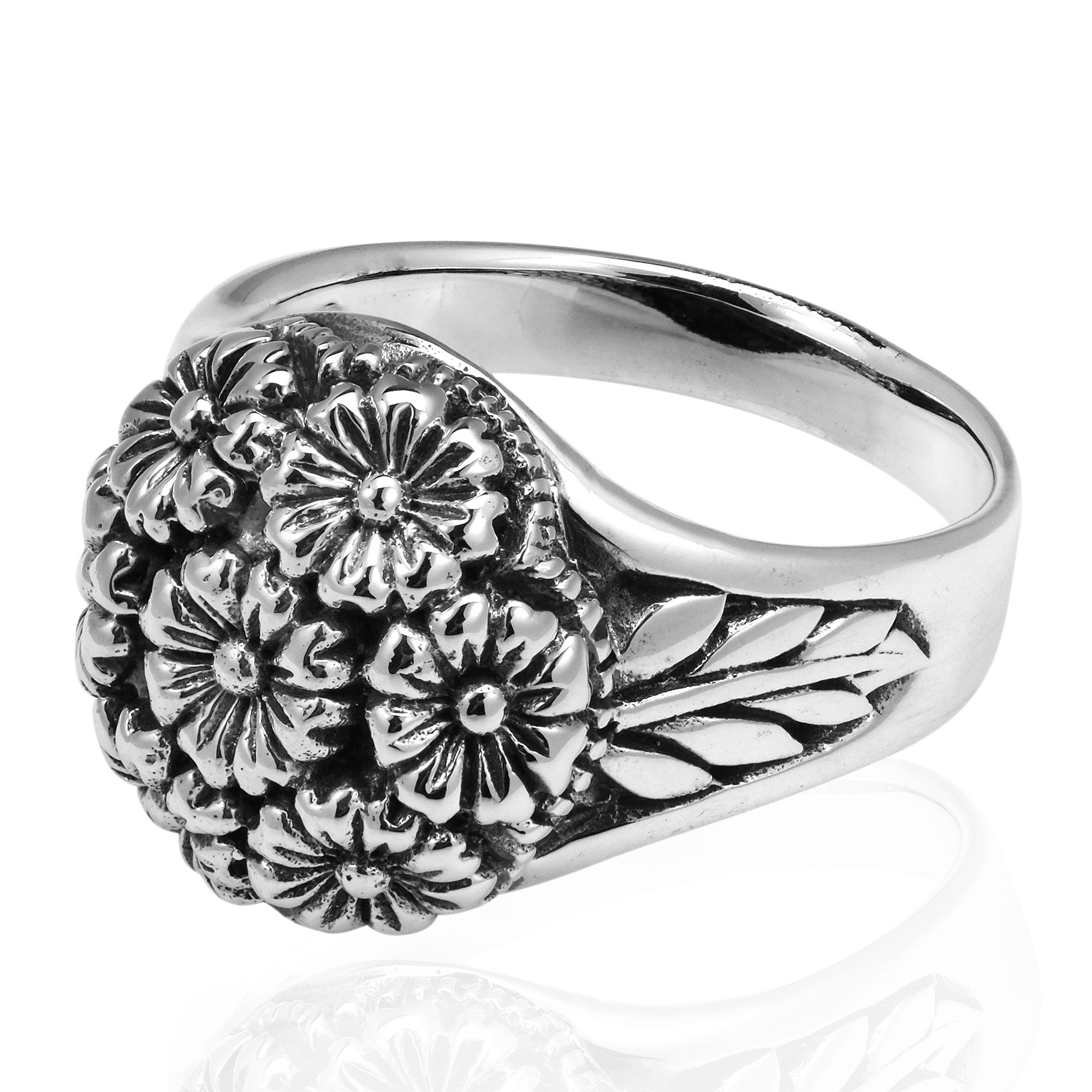 AeraVida Round Cluster Flower Bouquet Dome .925 Sterling Silver Ring (9)
