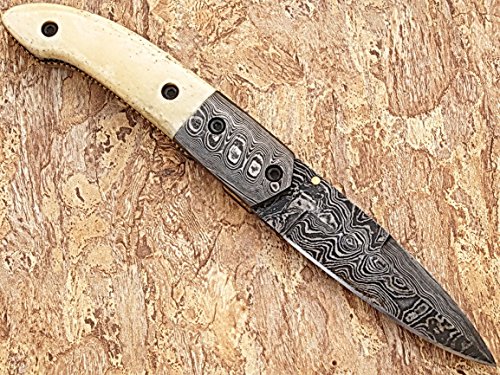 AishaTech Gentlemens Pocket Knife Damascus Steel Blade with White Bone Handle