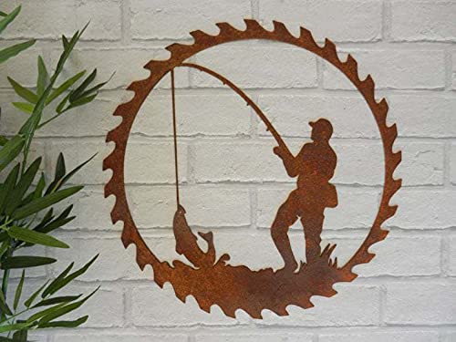 JINDENG Father's Day Unique Gift Metal Art Fishing Wall Decor, 3D Metal Wall Art Rusty Father and Son Daughter Fishing Round Hanging Decor Crafts - Home Garden Decoration (C)