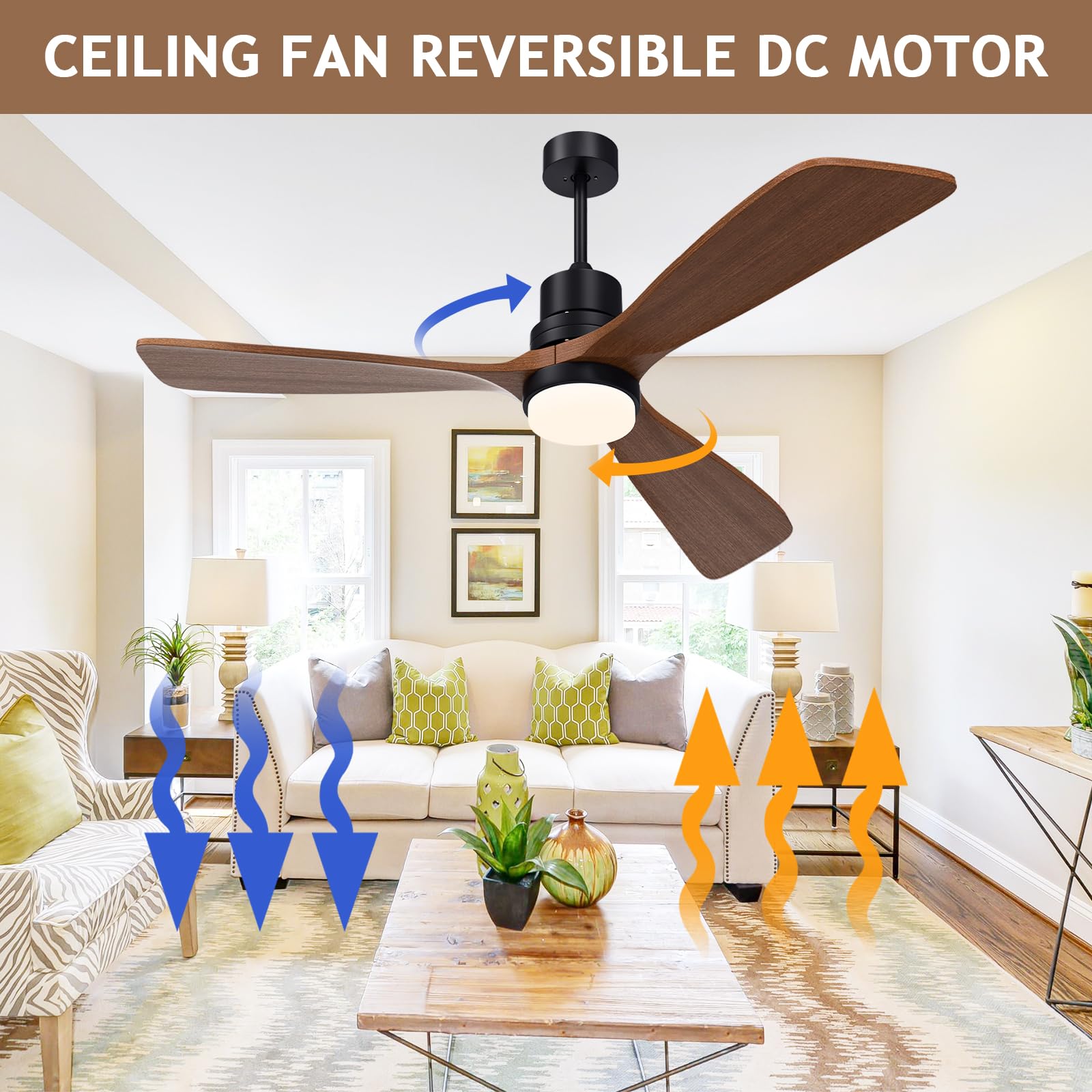 60'' Ceiling Fan with Light Remote Control Modern 3 Wood Blade Ceiling Fan, Outdoor Ceiling Fan Reversible DC Motor and Matte Black