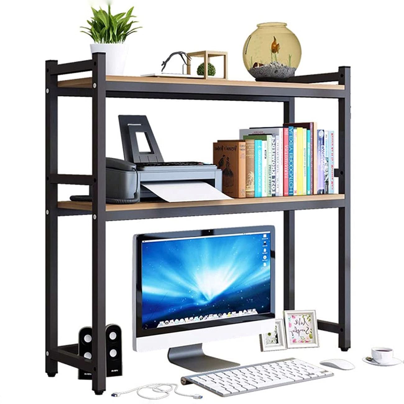AOOSSI Computer Desktop Bookcase, 2-Tier Countertop Hutch Display Shelf, Multipurpose Adjustable Wood Rack Organizer for Home Dorm Office Supplies - Brown