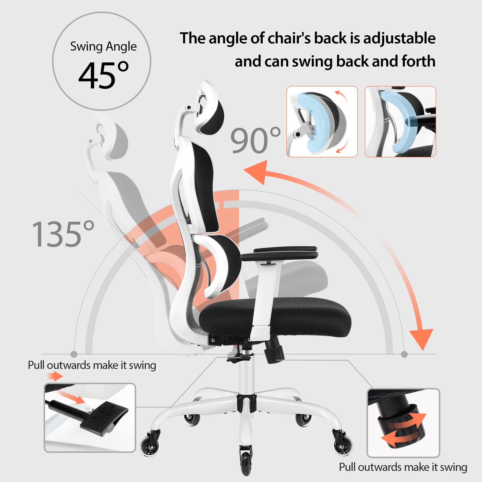 FelixKing Office Chair, Ergonomic Desk Chair with Lumbar Support, High Back Mesh Gaming Chair with Adjustable Headrest and Armrests for Conference Room White