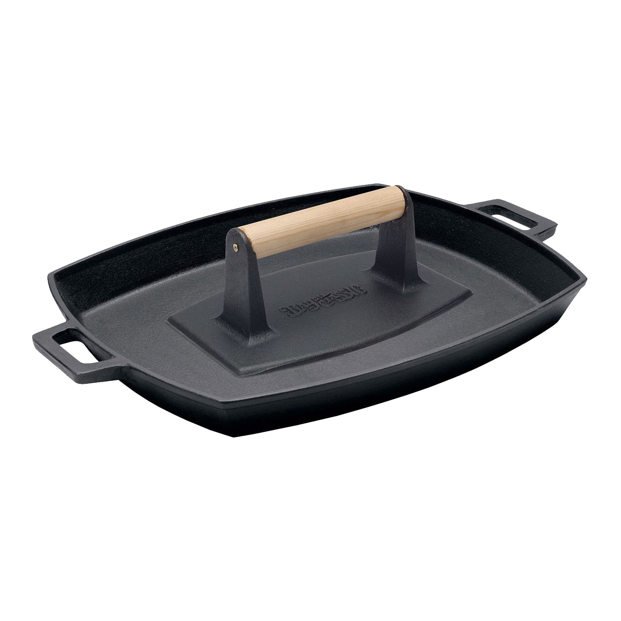Bayou Classic 7455 Cast Iron Shallow Pan and Press Set Includes 14-in x 12-in Cast Iron Pan and Cast Iron Bacon Press w/Wooden Handle Perfect For Hamburgers Grilled Cheese Sandwiches and Bacon