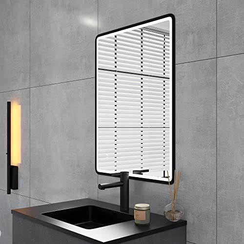 AMOCID Wall Mount Mirror for Bathroom with Lights 32 x 24 inch Rectangular Black Framed Wall-Mount Anti-Fog LED Light Bathroom Vanity Mirror Vertical or Horizontal