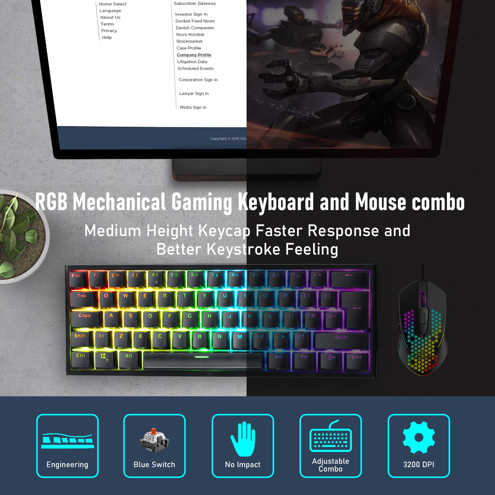 60% Mechanical Keyboard and Honeycomb Mouse Combo Wired All 62-Key Anti-ghosting RGB Backlit Gaming Keyboard, Rainbow Backlight Mouse, Mouse Pad Compatible with PS4/Xbox One/Nintendo Switch/PS3 /PC
