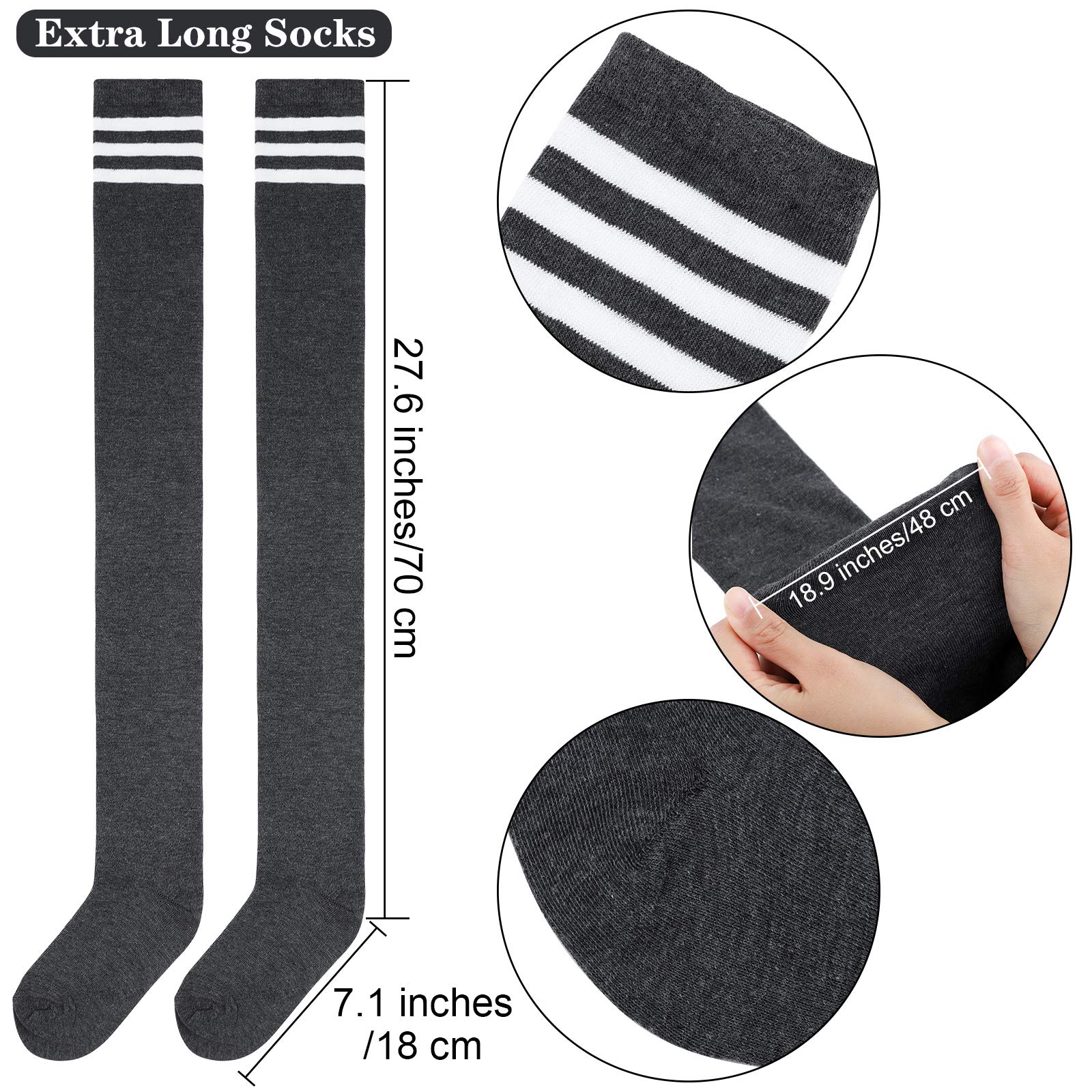 Aneco 4 Pairs Thigh High Knee Socks Extra Long Boot Stockings for Women (Black, White, Triple Stripes Style)