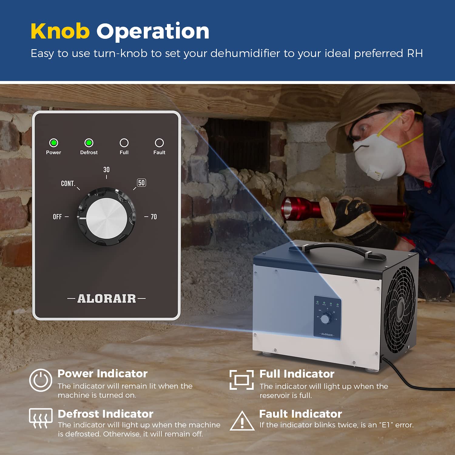 ALORAIR 70 PPD Crawl Space Dehumidifier, Energy Star Crawlspace Dehumidifiers Commercial Dehu for Home and Basements, Compact, Portable, Auto Defrost, Memory Starting, cETL