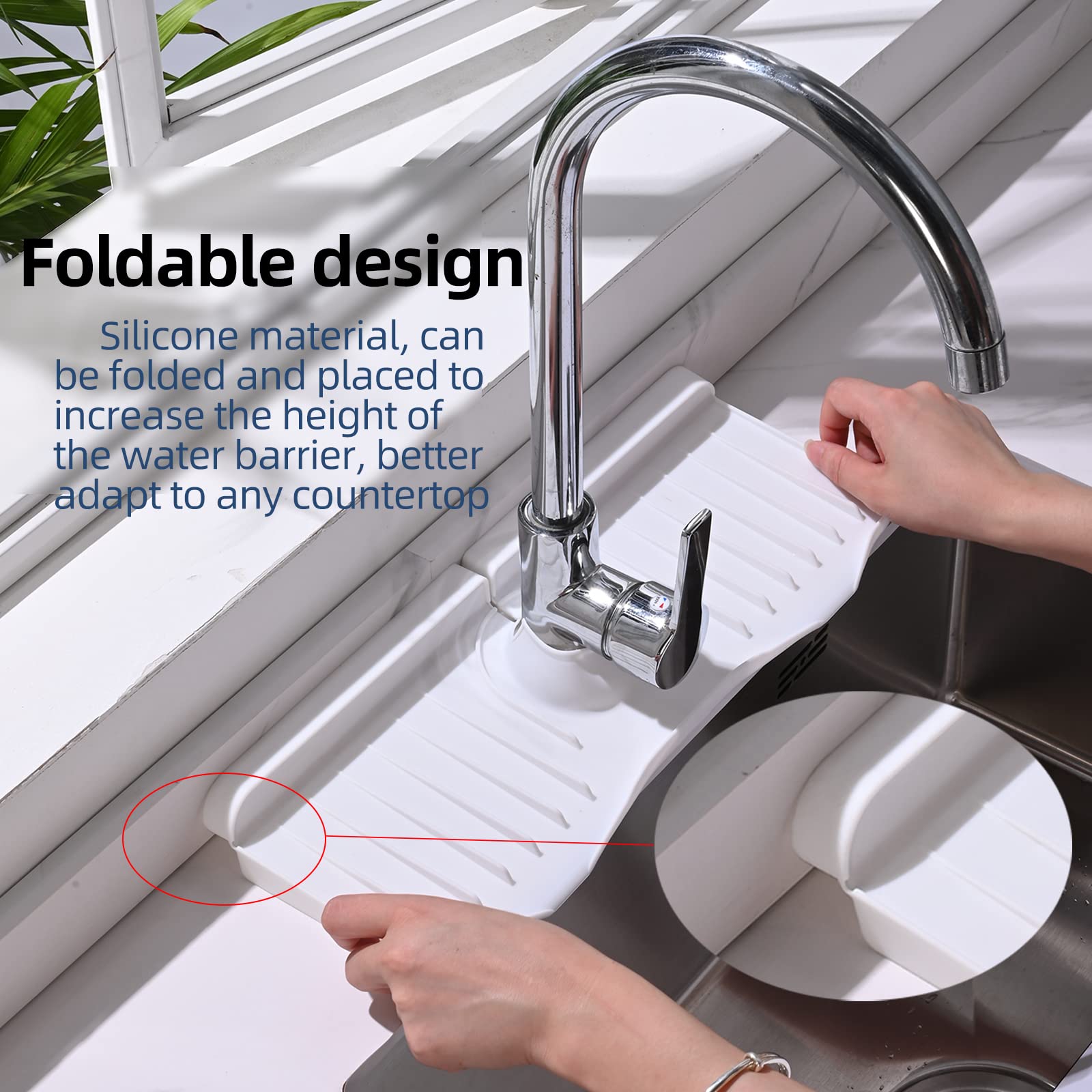 bepinkind Silicone Faucet Splash Guard-[Upgrade Steeper Slope],Silicone Faucet Water Catcher Mat, Silicone Sink Mat for Kitchen/Bathroom,Silicone Faucet Mat Sink Water Splash Guard. (Vertical-White)