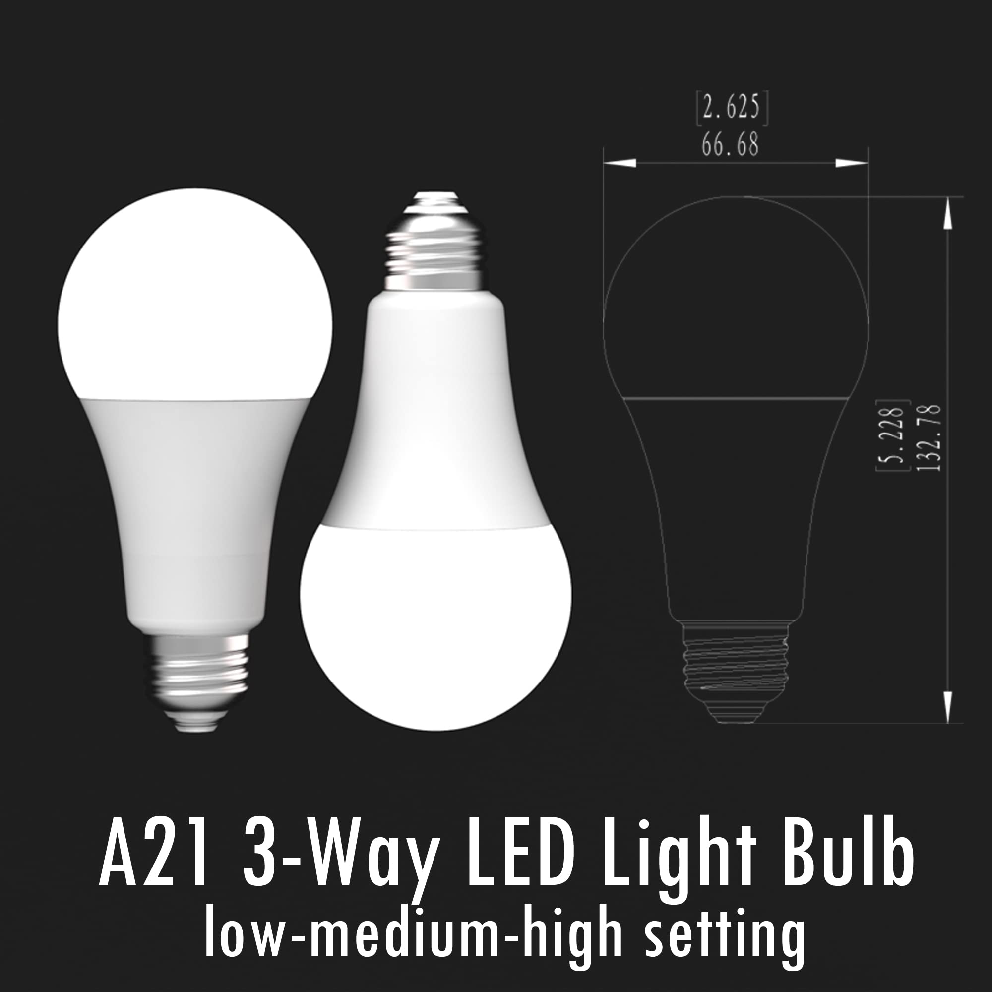 AmeriLuck 3-Way LED Light Bulb A21, Multi Wattage 50-100-150W Equivalent, 2200Lumens, Low-Medium-High Setting, Omni-Directional, Soft White 2700K, (2 Pack)
