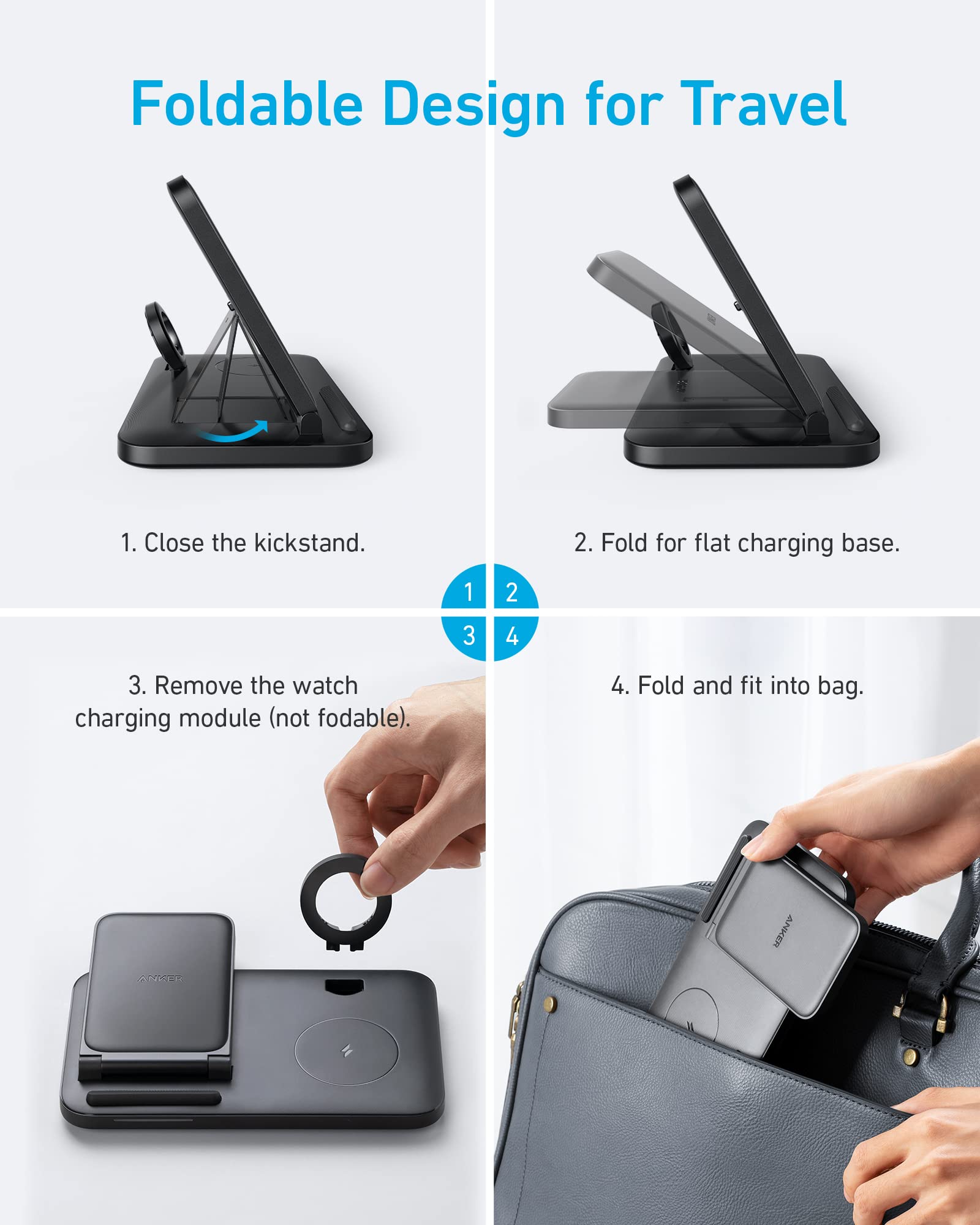 Anker Wireless Charger Stand, Foldable 3-in-1 Stand with Adapter, for iPhone 13, AirPods, Apple Watch (Works with Original USB-A Cable, Not Included)