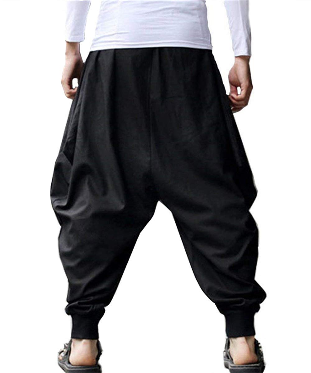 AITFINEISM Men's Drawstring Aladdin Hippie Harem Pants Loose Drop Crotch Trousers (Medium, Black-2)