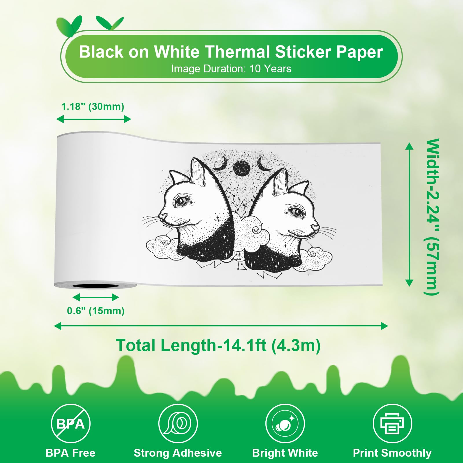 PAPRMA 57x30mm Thermal Sticker Paper for Mini Pocket Printer, 5 Rolls White Self-Adhesive Thermal Paper Compatible with All 57mm Pocket Thermal Printer, 0.6β Core