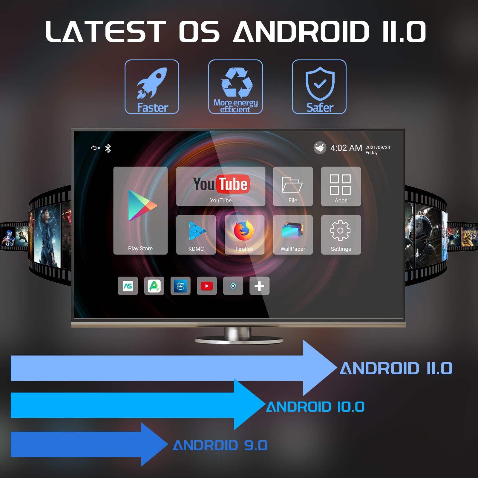 Android TV Box 11.0 4GB RAM 64GB ROM, Amlogic S905X4 64-bit ARM A55 CPU, Support 4K 8K Output/USB 3.0 Bluetooth 4.1/ 5G Wi-Fi 1000M with 2.4GHz Mini Wireless Keyboard