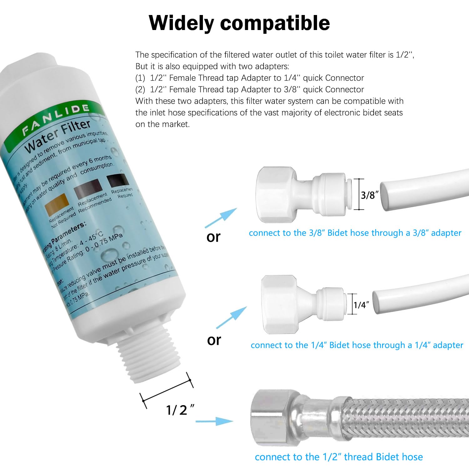 Bidet water filter for electronic bidet seats, Toilet water filter system, 1/2" Threads, 5pcs filters + 2pcs adapters, compatible with 1/2" 1/4" 3/8" Bidet water hose