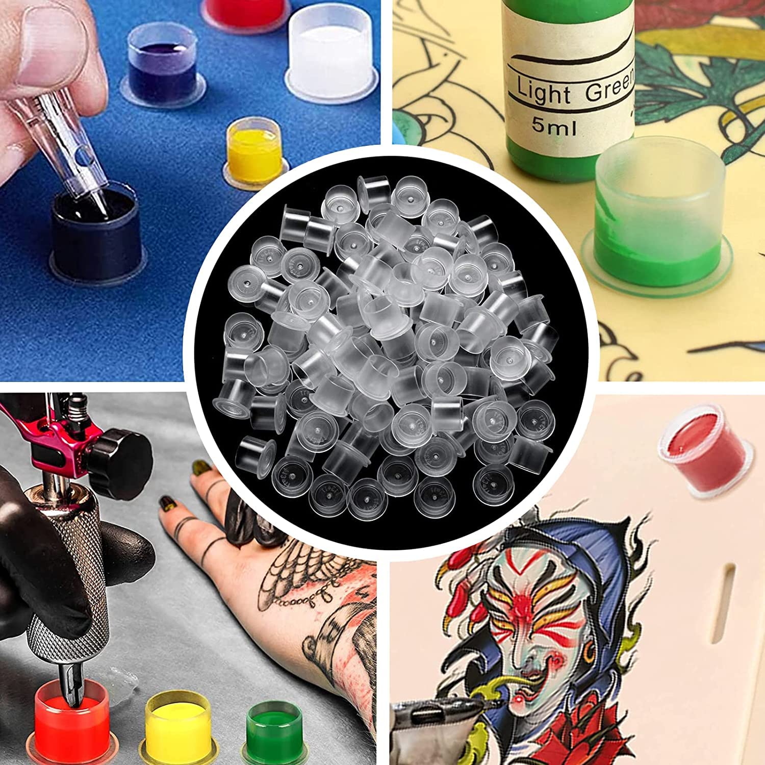 Yuelong 300pcs Ink Caps with Base Tattoo Ink Cups White Mixed #11 Small #14 Medium #17 Large Pigment Caps for Tattoo Permanent Makeup Container Cap Tattoo Accessory Tattoo Supplies Tattoo Kits