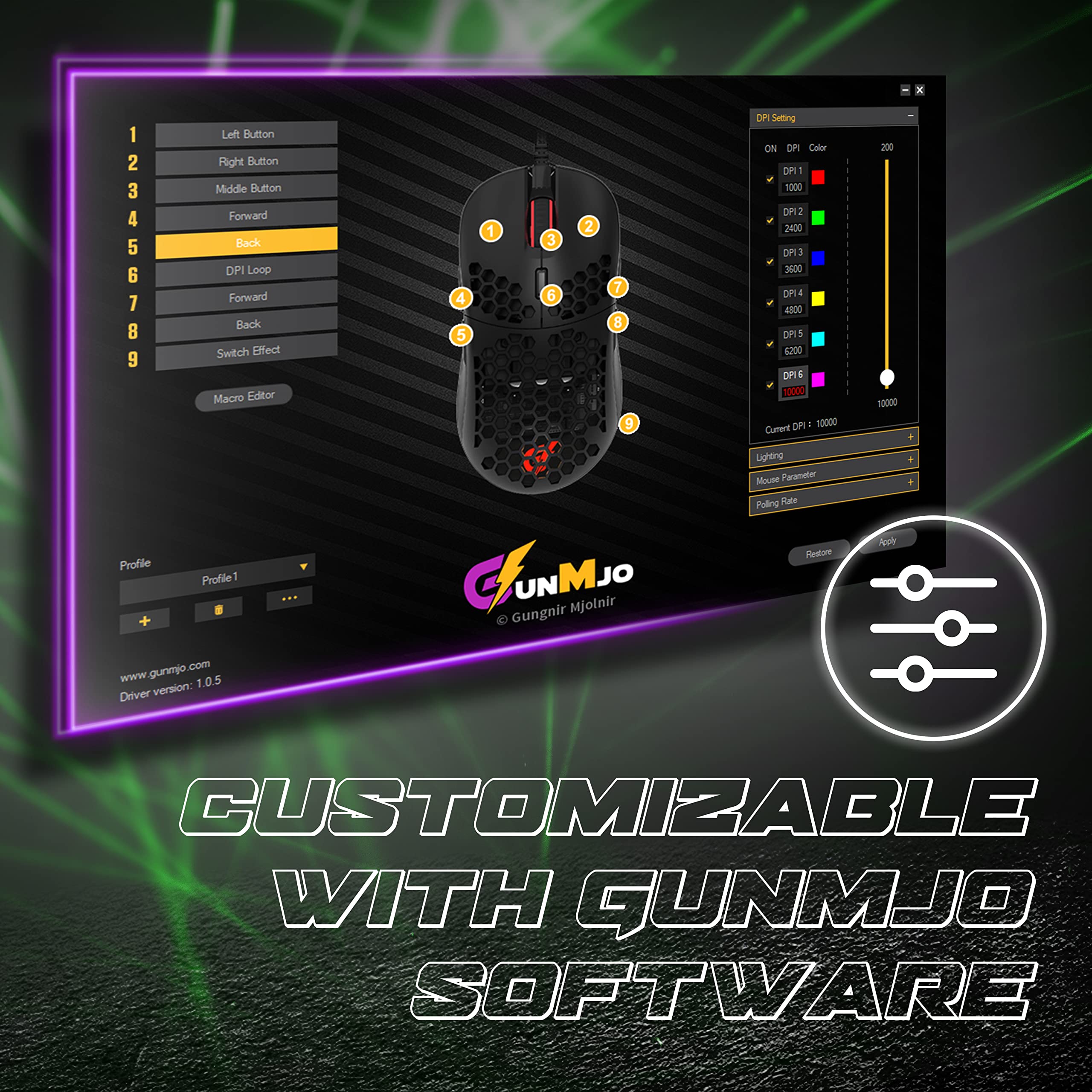 GUNMJO Gram DIY Honeycomb Shell 2.4G Wireless RGB Gaming Mouse, Gaming Wireless Mouse with 9 Buttons and Up to 10,000 DPI, Computer Mice for PC Gaming, Black Color