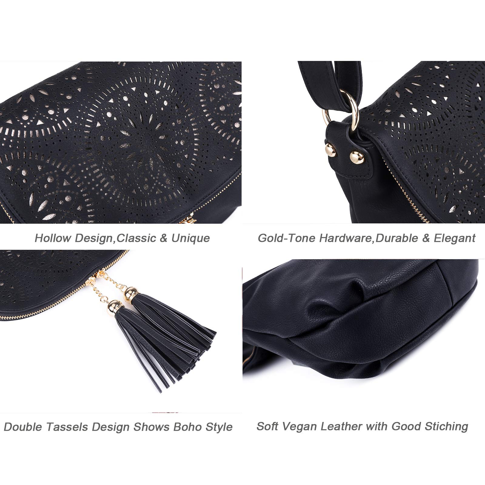 AFKOMST Boho Crossbody Bags for Women Large Size Soft Vegan Leather Over Shoulder Purses and Messenger Satchel Handbags,Multi Pockets,Black