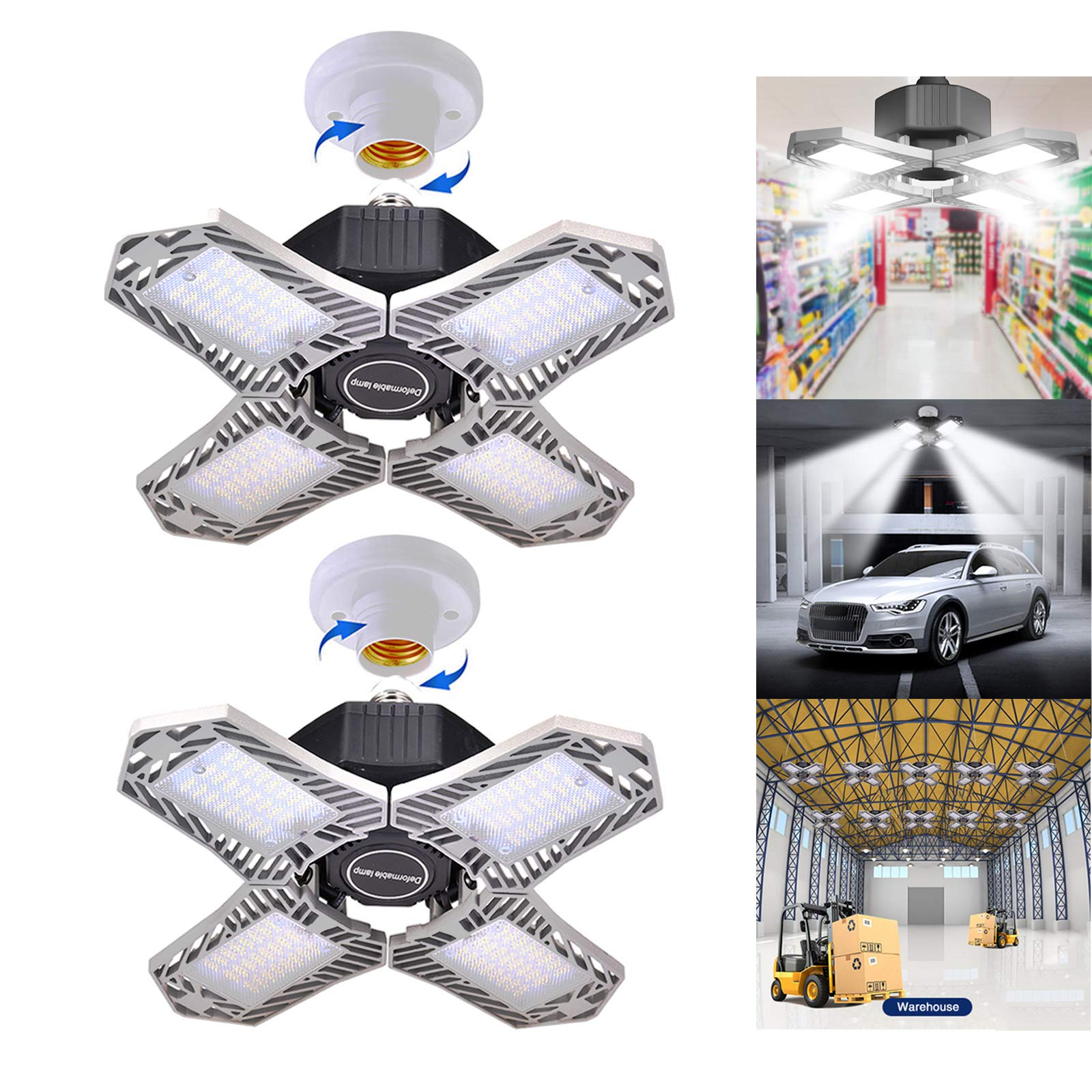 Ankishi Garage LED Lights Ceiling 2 Pack,150W Deformable led Garage Lights,E27/E26 Garage LED Light with 4 Adjustable LED Panels,15000LM LED Shop Lights for Garage,Warehouse,Workshop and Yard