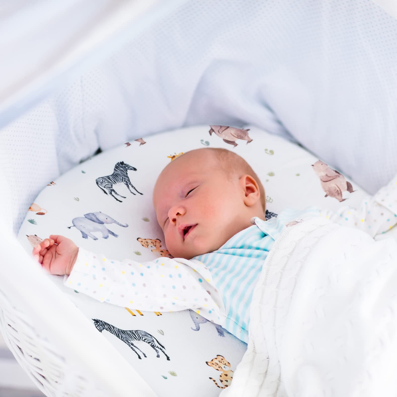 Bassinet Sheets for Baby Boy Girl, Ultra Stretchy Snug Fitted, Bassinet Sheet Set Mattress Protector, 2 Pack, Dinosaur&Animal