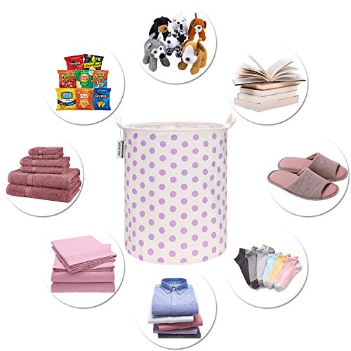 Sea Team 19.7 Inches Large Sized Waterproof Coating Ramie Cotton Fabric Folding Laundry Hamper Bucket Cylindric Burlap Canvas Storage Basket with Stylish Polka Dot Design (19.7", Purple)