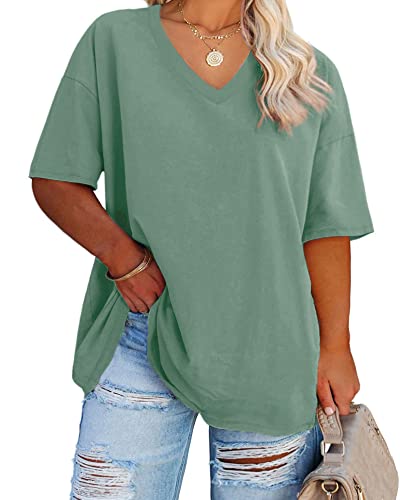 Fisoew Women's Plus Size V Neck T Shirts Summer Half Sleeve Oversized Tees Casual Loose Fit Tunic Tops Green
