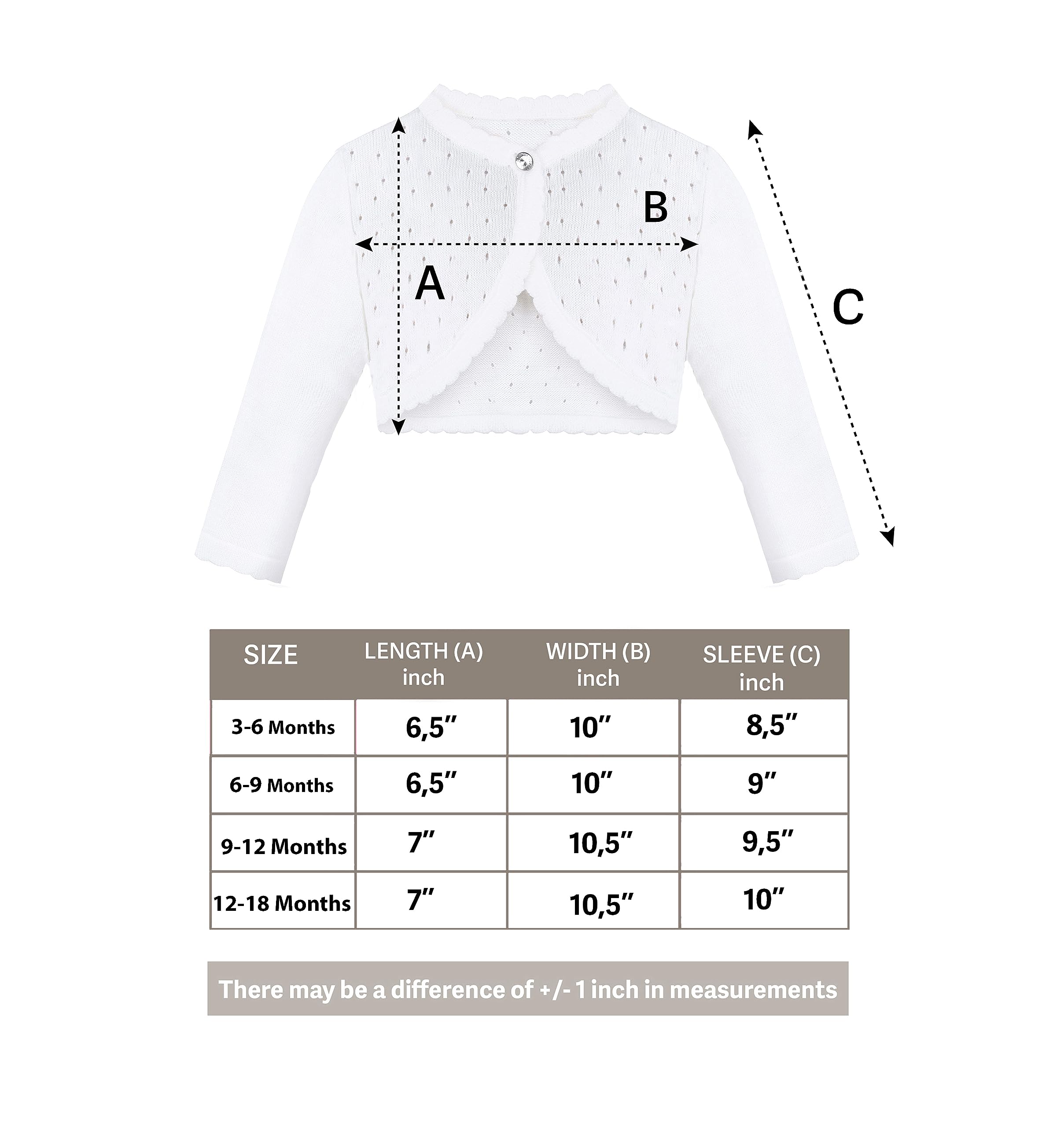 Lilax Baby Girls' Knit Long Sleeve One Button Closure Bolero Shrug 3-6 Months White