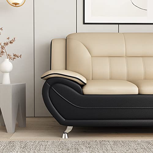 Container Furniture Direct Michael Modern Faux Leather Upholstered Stainless Steel Legs Living Room Loveseat, Camel/Black