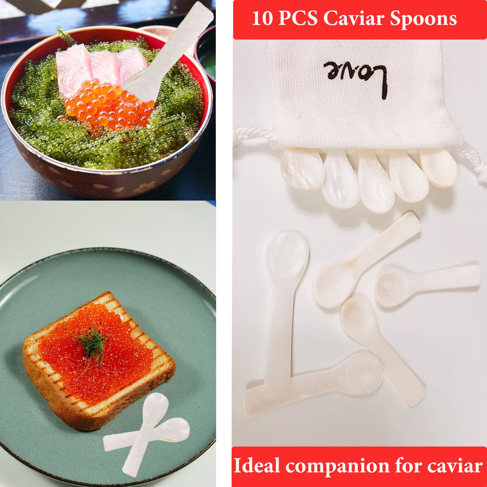 PETIT MANON 10PCS Caviar Spoons Mother Of Pearl Caviar Spoons W Round Handle, Handmade Pearl Spoon Shell Spoon for Caviar, Egg, Coffee, Ice Cream, Restaurant Serving (White,2.87 Inch)