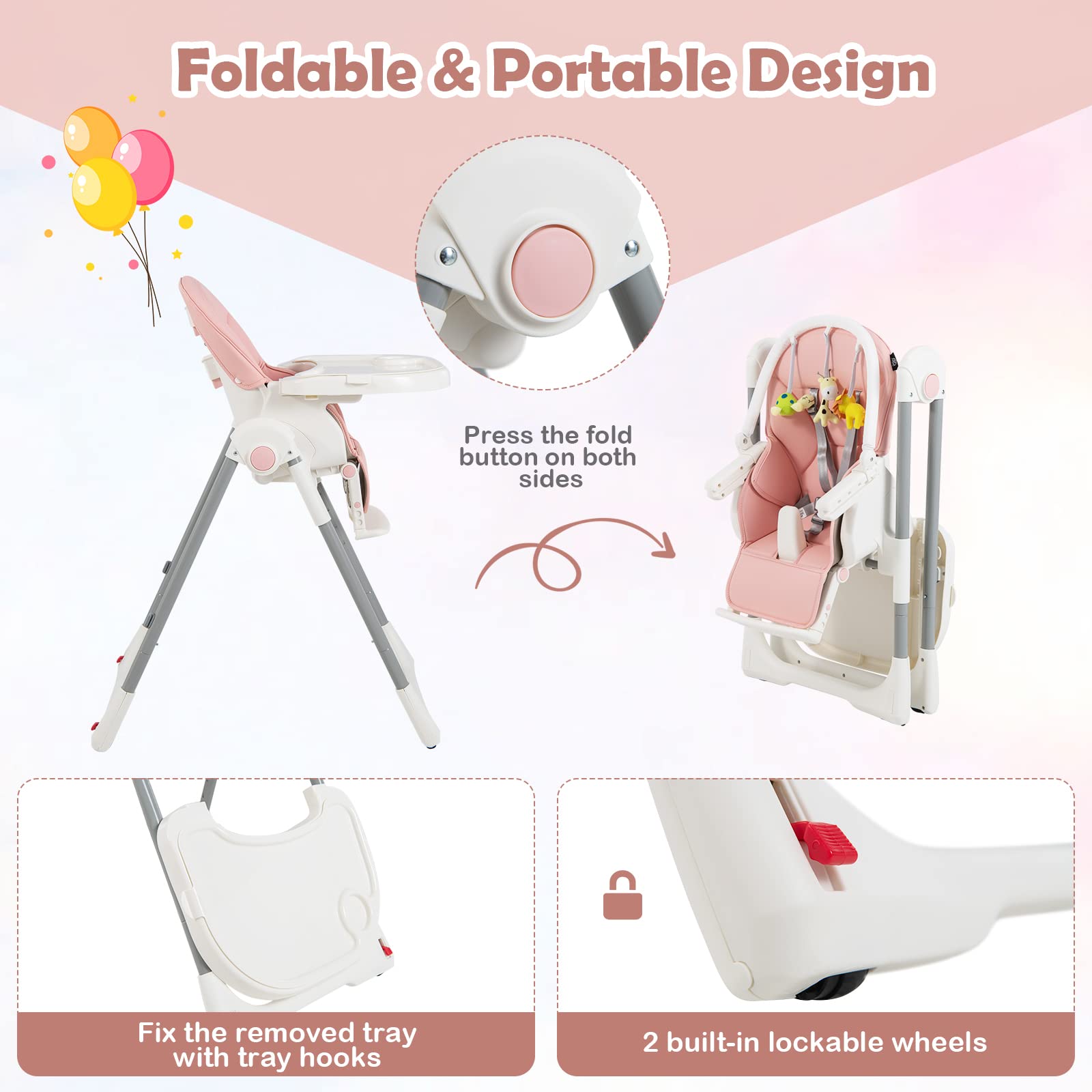 BABY JOY Baby High Chair, Foldable Highchair w/Toy Bar, 7 Heights, 4 Reclining Angles, Adjustable Footrest, Removable Double Tray, PU Cushion & Lockable Wheels for Babies Toddlers, 6-36 Months (Pink)
