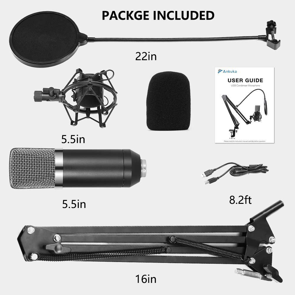 Ankuka Studio Condenser USB Microphone for Computer, Plug & Play Podcast Mic Kit with Adjustable Arm Stand Shock Mount for for Recording, Gaming, Singing, YouTube