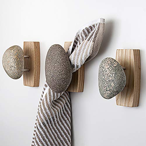 Sea Stones Coast Hook - Coat Hook - Hand Selected, Natural Stone Wall Hook with Elegant Wooden Backplate - Hang Your Coats, Towels, Robes & More with Both Indoors & Outdoor Uses (3 Pack, Ash)