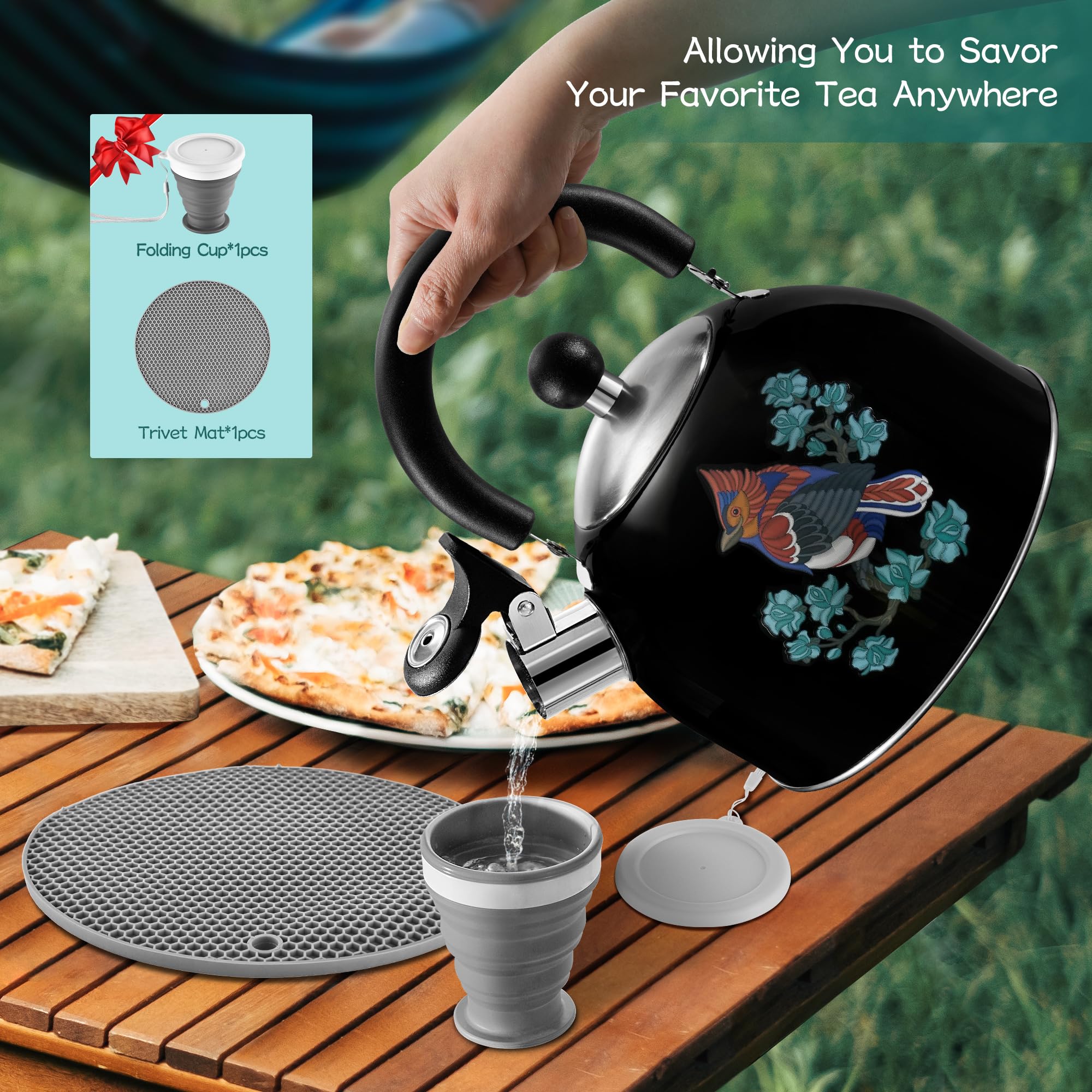 ARC Stainless Steel Whistling Tea Kettle, Magic Color Changing Design 2-Quart Stovetop Kettle Whistle Kettle with Folding Cup & Trivet Mat