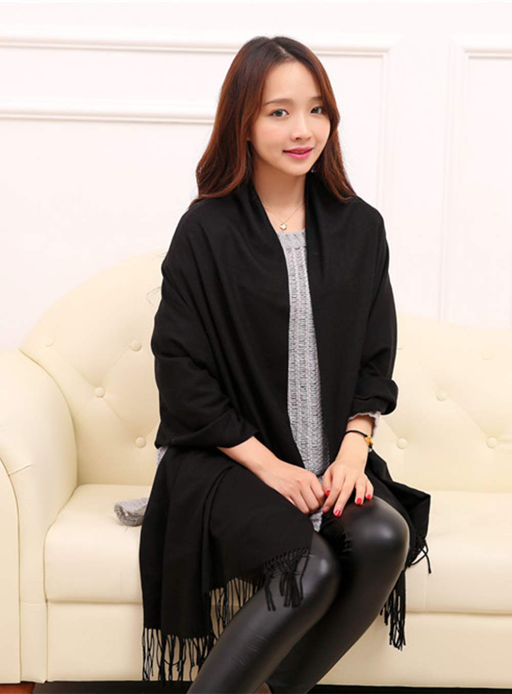 Anboor Super Soft Cashmere Blanket Scarf with Tassel Solid, Black, Size Large