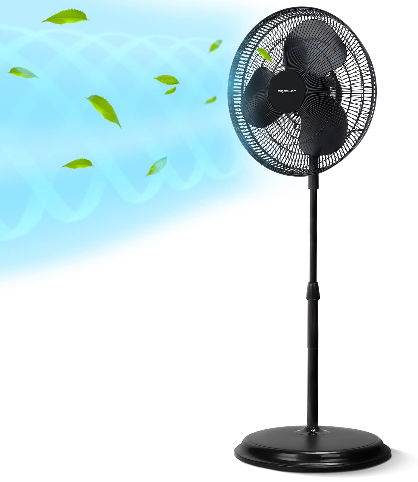 Aigostar 16'' Standing Fan with 3 Adjustable Speed, High Energy Efficiency Quiet Pedestal Fan Oscillating Fan, Adjustable Height Room Fan for Bedroom, Indoor, Home & Office, Compact Design, Black